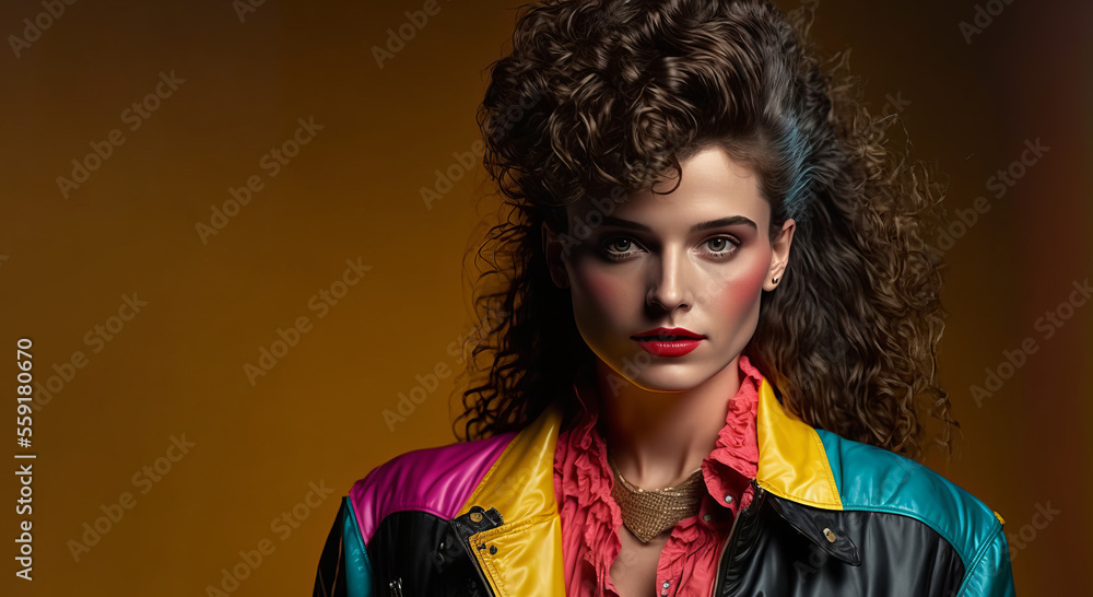 1980s vintage fashion portrait. Caucasian woman with retro 80's style ...