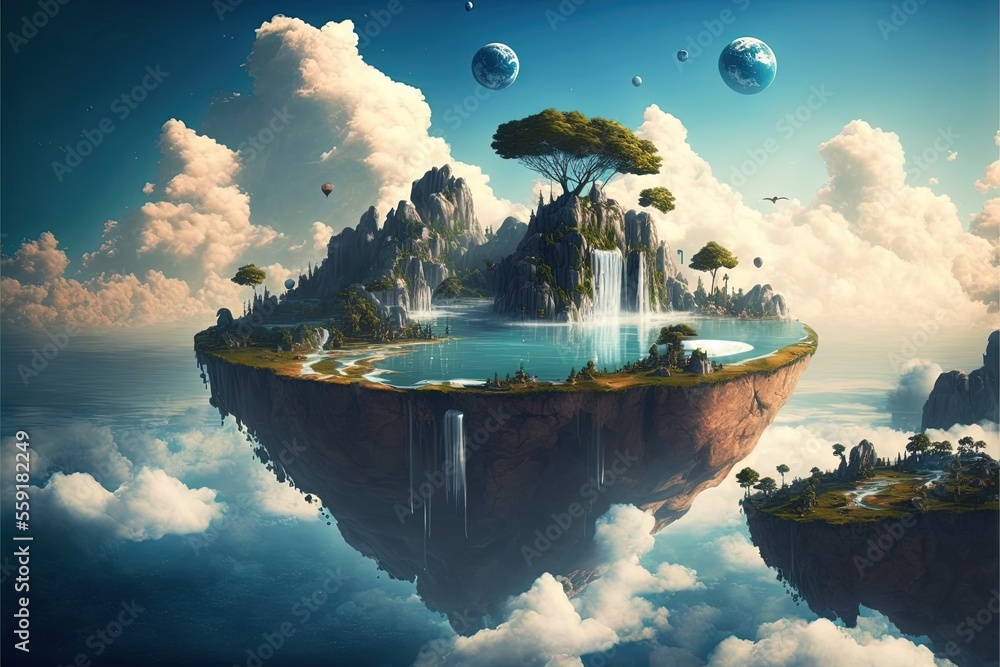 Flying Fantasy Island Land Floating In The Sky Fantasy World Generative Ai Stock Illustration