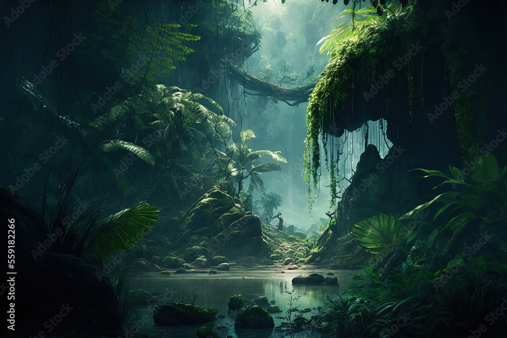 Magical jungle landscape at night, tropical fantasy jungle forest scenery, generative ai Stock ...