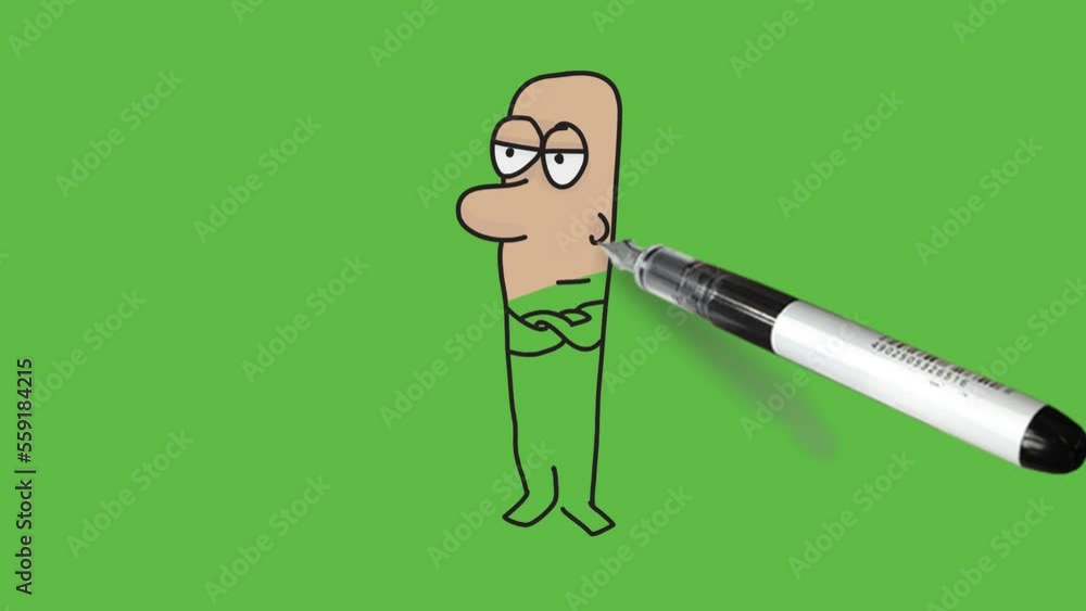 Draw young cartoon character bald man standing fold both hands and arms ...