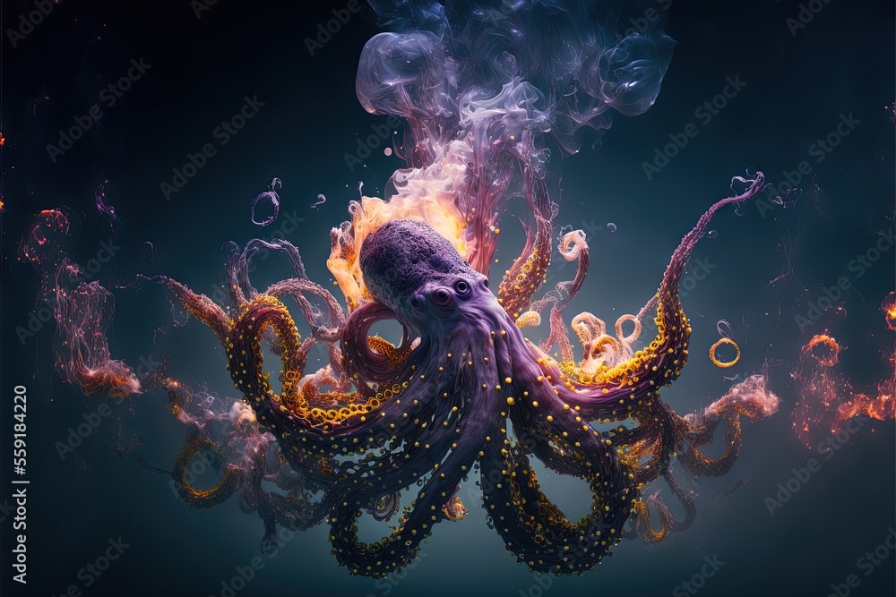 a large octopus is floating in the water with a lot of smoke coming out ...