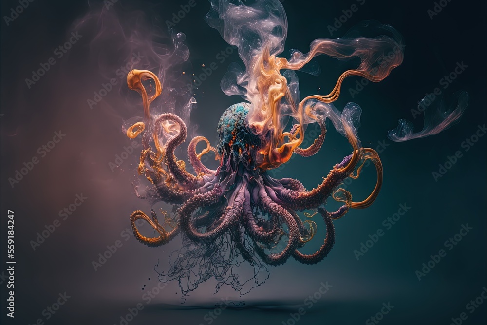 a colorful octopus is floating in the air with smoke coming out of it's ...