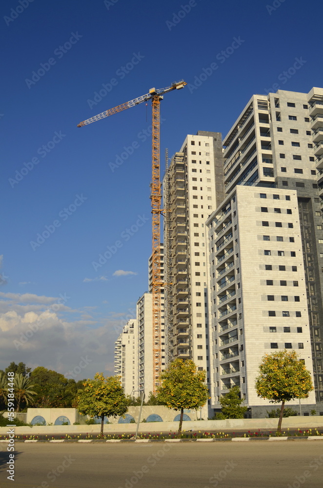 Construction of a residential building. Construction crane, tree with ...