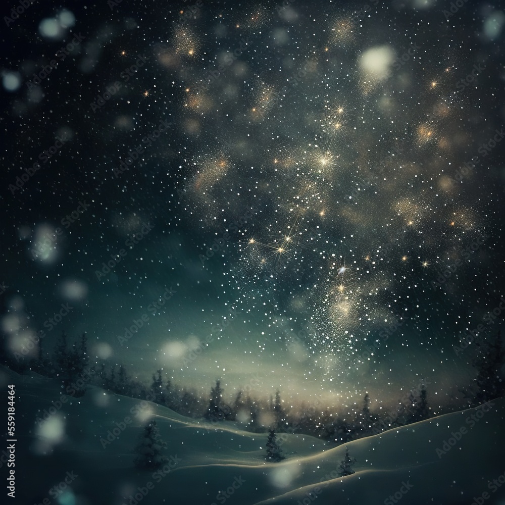 a night sky with stars and snow falling down on the ground and trees in ...
