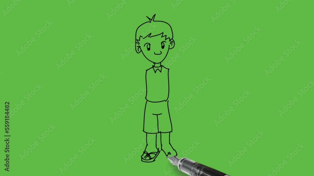 Draw little character standing boy showing both hands open up wearing ...