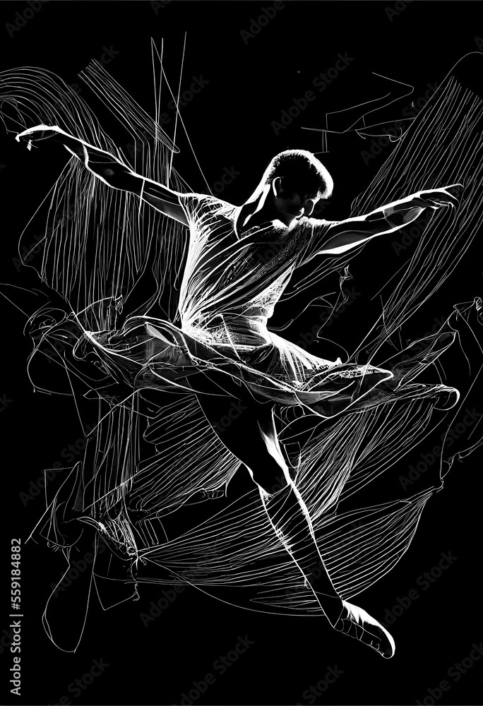 Abstract drawing of a ballet dancer with light scratches around him ...