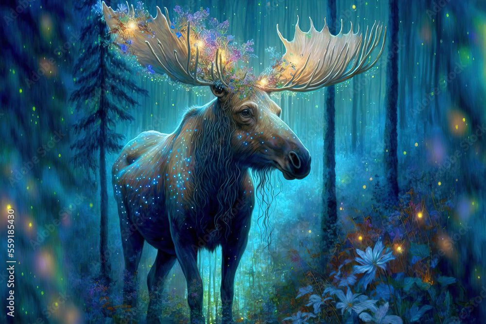 Magic moose in fairy forest. Spirit of the forest. Digital art Stock ...
