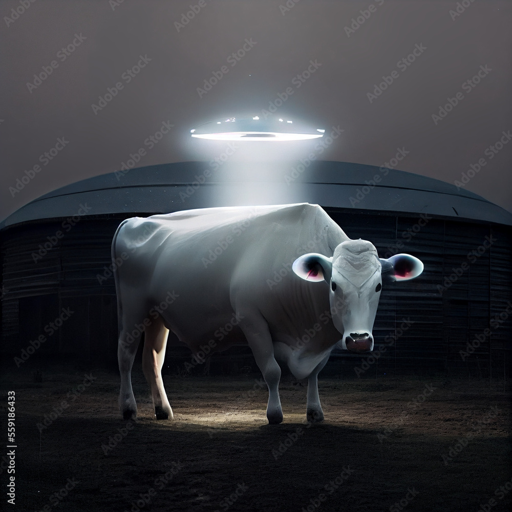 UFO stealing cow by light, cow and flying saucer with light, generative ...