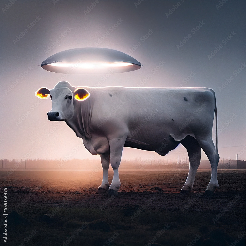 UFO stealing cow by light, cow and flying saucer with light, generative ...