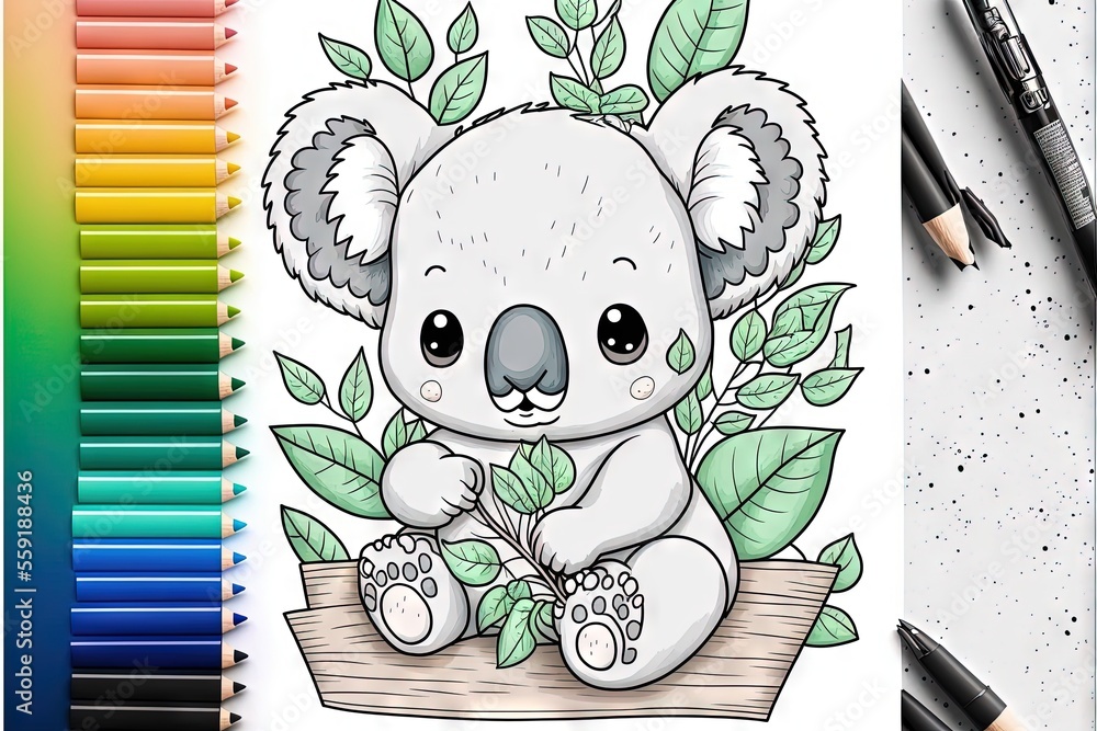 a drawing of a koala bear sitting on a branch with leaves on it's back ...