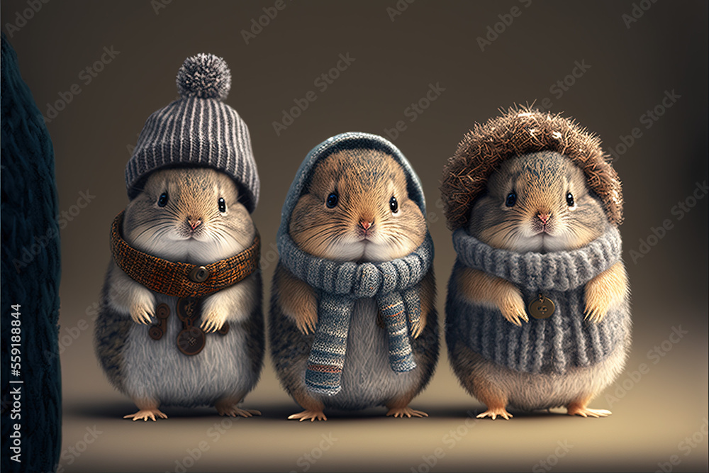cute little furry creatures wearing hats and scarves Stock Illustration ...