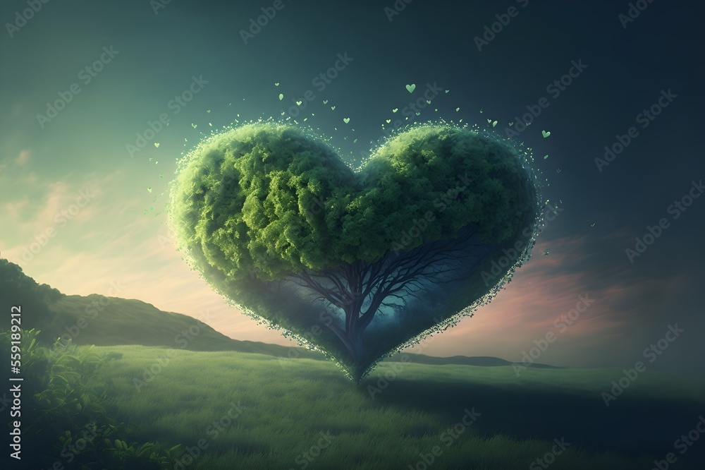 Tree with heart shape, green landscape background,digital art style.AI ...