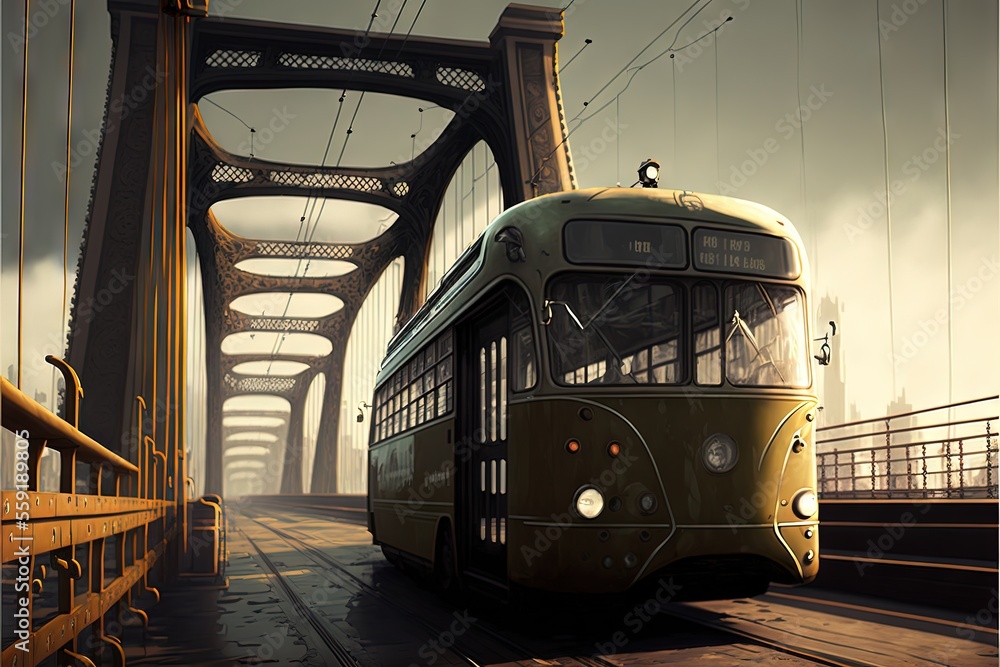 a green bus driving across a bridge over water with a sky background ...