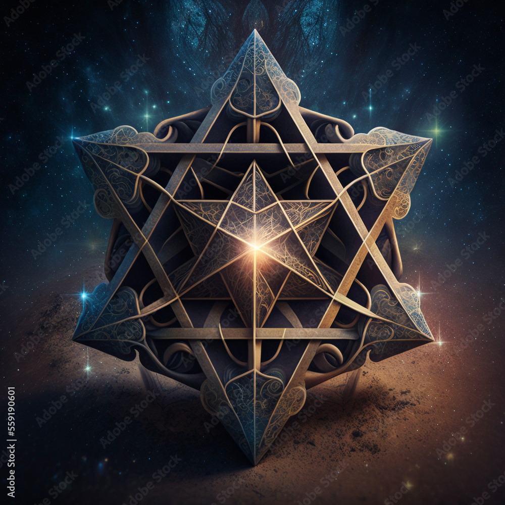 3D Illuminated Merkaba on Dark Background, Double Tetrahedron, Star ...