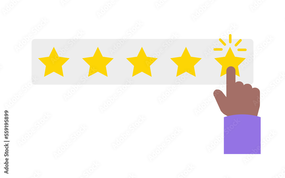 Dark skinned hand clicks on 5 stars app rating. Vector illustration ...