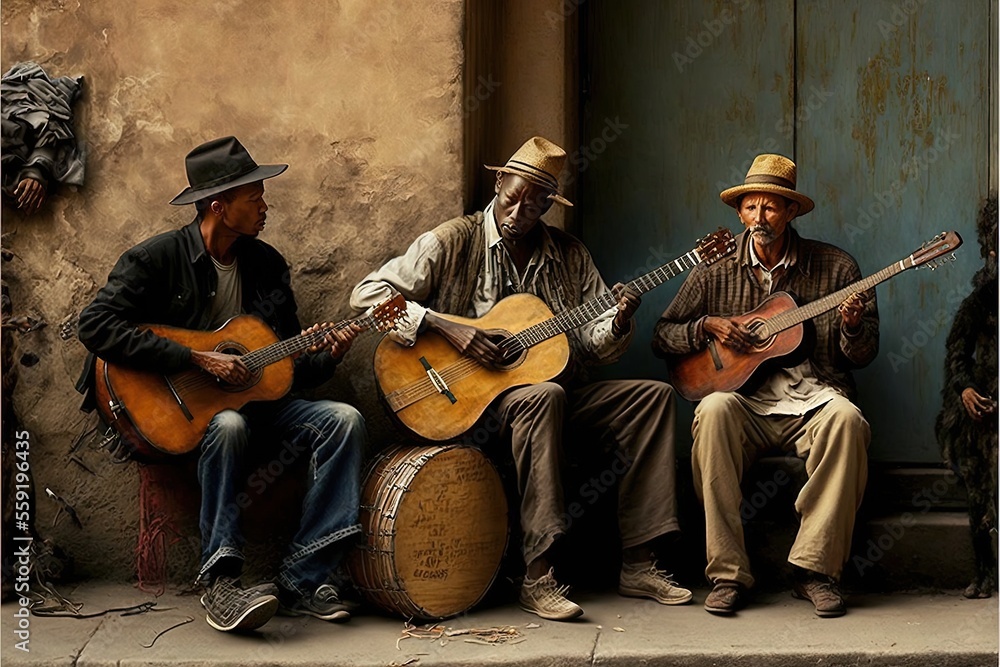 three men sitting on a step playing guitars and drums, one of them is ...