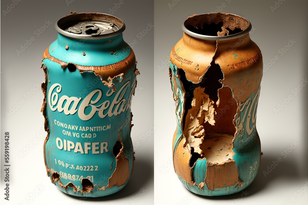a can of coca cola with a hole in it's side and a broken can of opafer ...