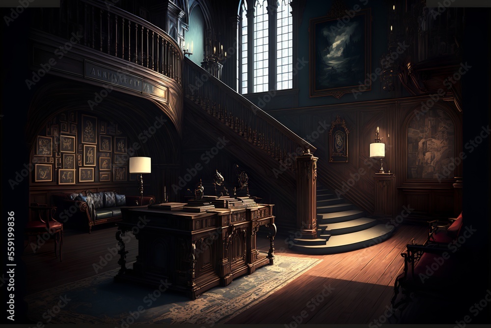 Dark victorian style mansion interior design with wooden stairs Stock ...
