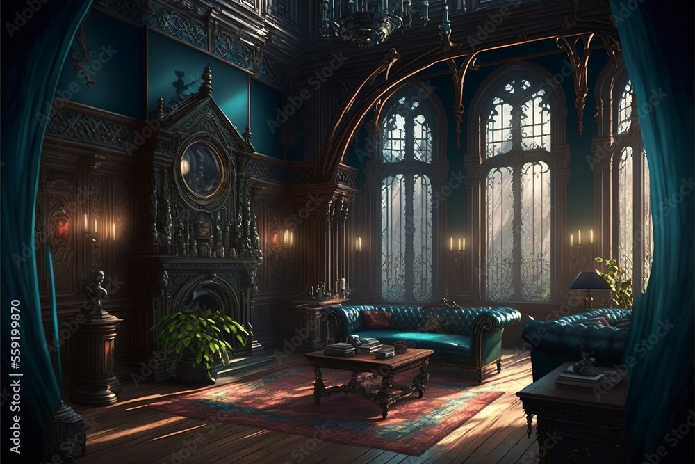 Gothic style dark fantasy mansion interior illustration Stock ... Gothic style dark fantasy mansion interior illustration Stock ...