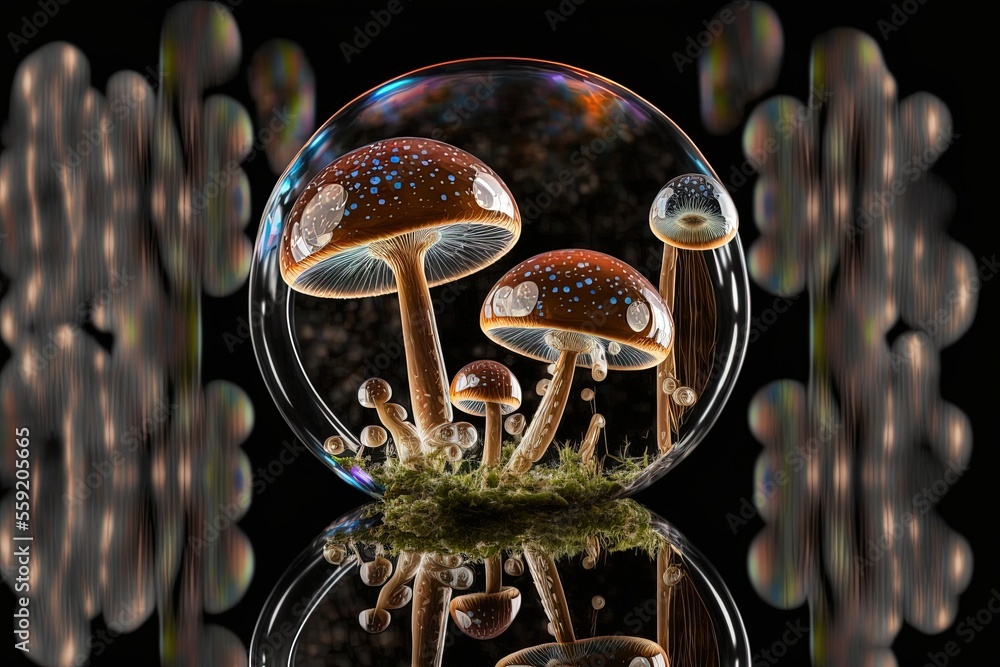 Generative ai of magic mushrooms in a bubble that is reflected on the ...