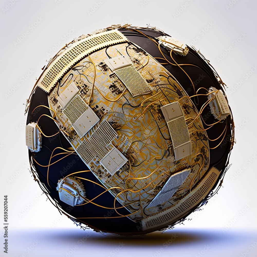 Volleyball ball covered by computer chips and electric circuits, Sports ...