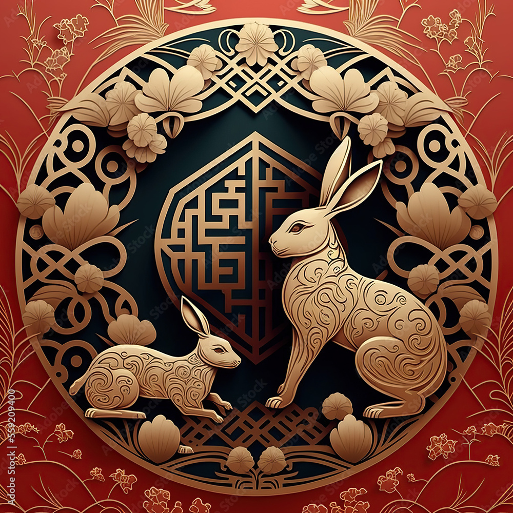 ornamental painting of a chinese zodiac rabbit for the chinese new year ...