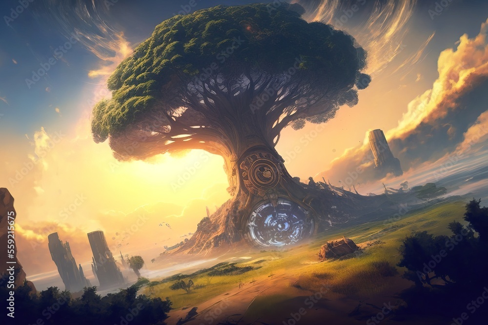 Giant world tree in fantasy concept. anime style. illustration painting ...