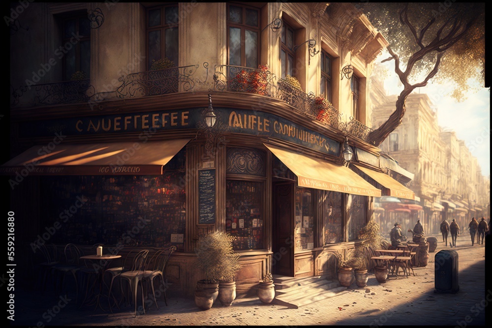 a painting of a cafe on a city street corner with people walking by it ...