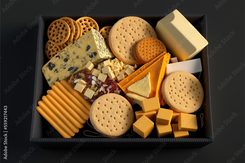 a box of cheese and crackers on a table top with a black background ...