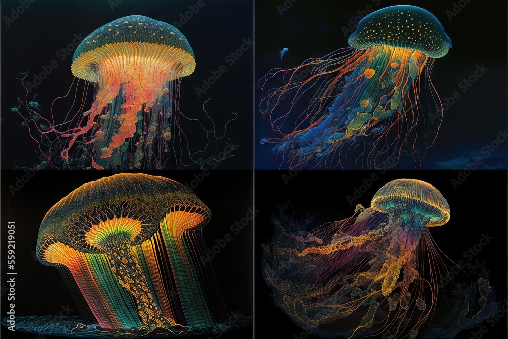 a series of three pictures of jellyfish in different colors and sizes ...