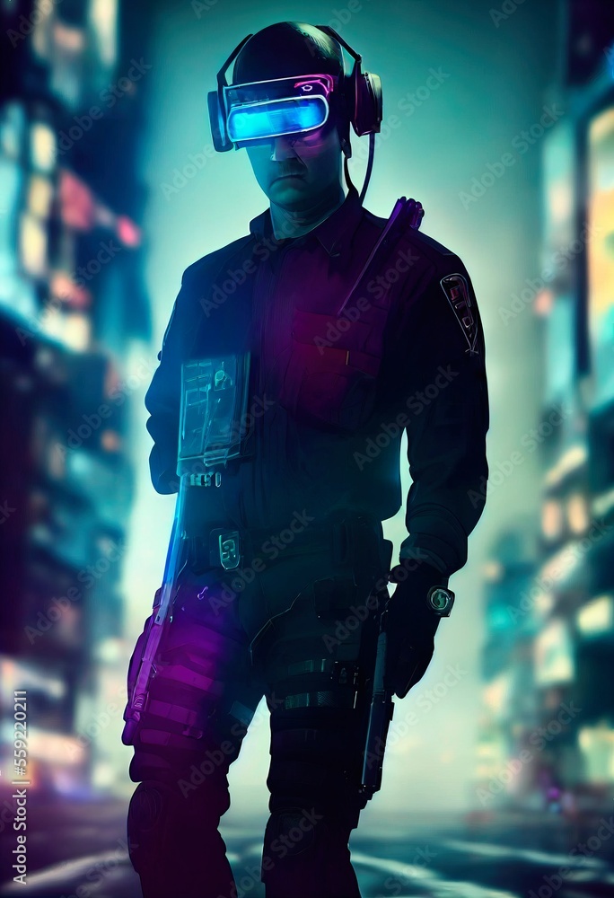 Portrait of a sci-fi cyberpunk man. High-tech futuristic man from the ...