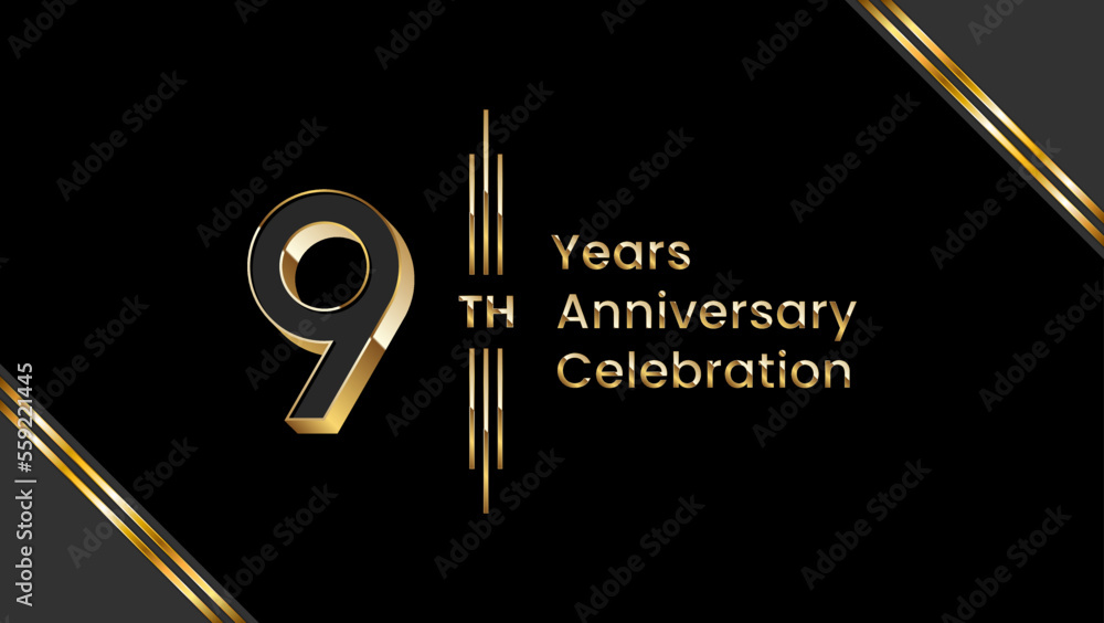 9th Anniversary. Anniversary template design with golden text for ...
