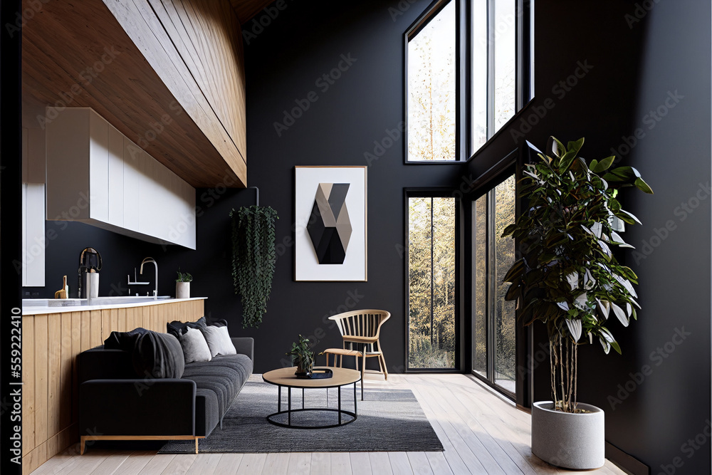 Dark Interior Room With Modern Architecture and Natual Light Stock ...