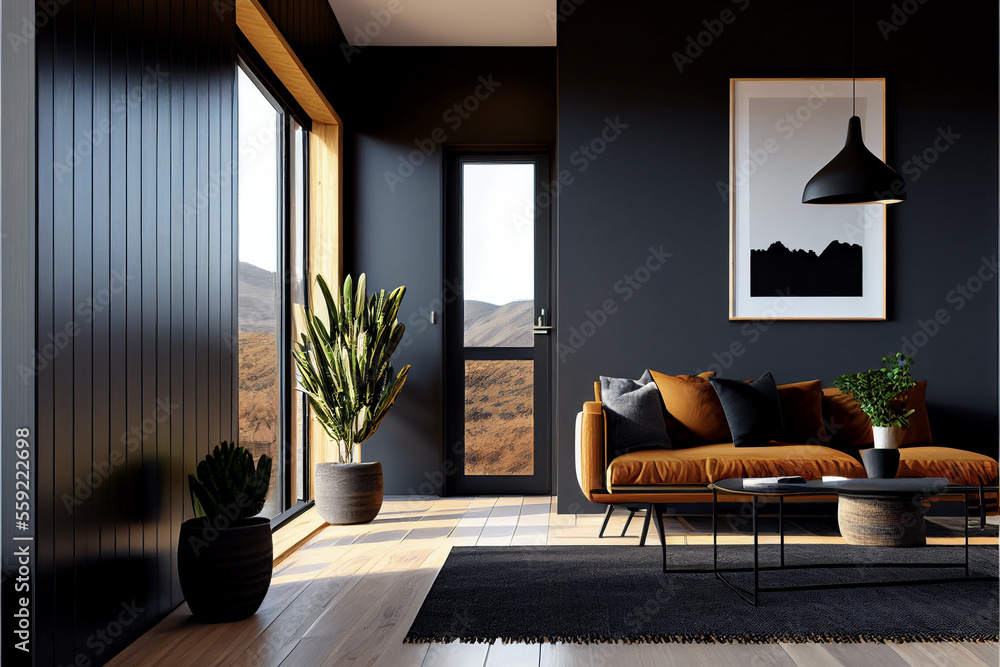 Dark Interior Room With Modern Architecture and Natual Light Stock ...
