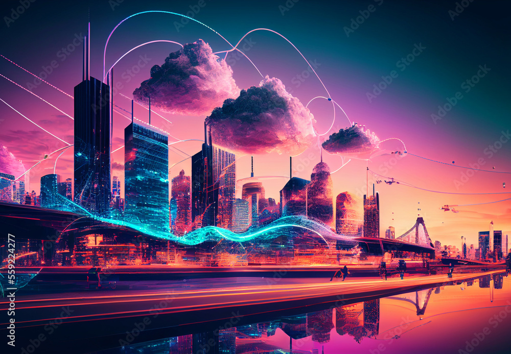 Modern concept of urban landscape and communication network. high-speed ...