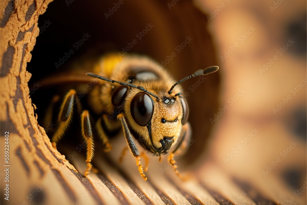 a bee is sitting inside of a wooden structure with its head inside of a ...