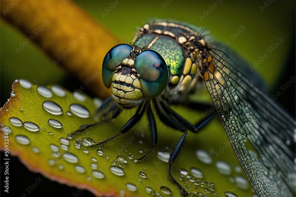 a close up of a fly on a leaf with water droplets on it's wings and ...