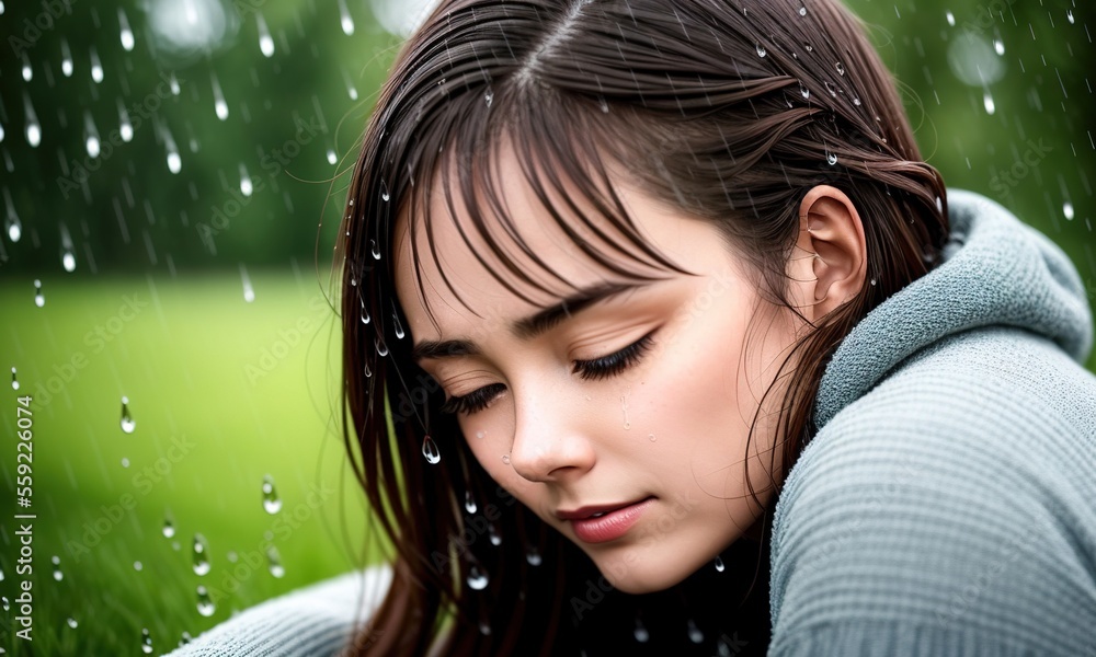 Sad female woman crying in the rain. Heartbroken girl shedding tears ...