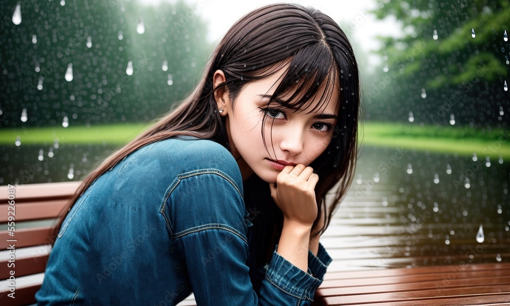 Sad female woman crying in the rain. Heartbroken girl shedding tears ...