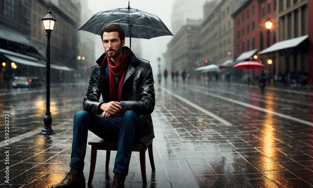 Sad heartbroken man sitting alone on a chair in the rain with an ...