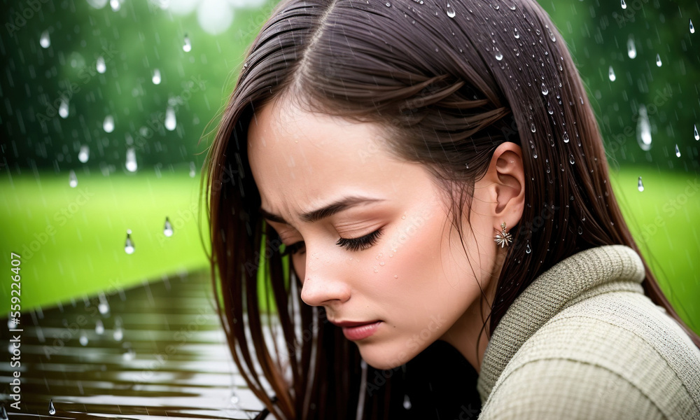 Sad female woman crying in the rain. Heartbroken girl shedding tears ...