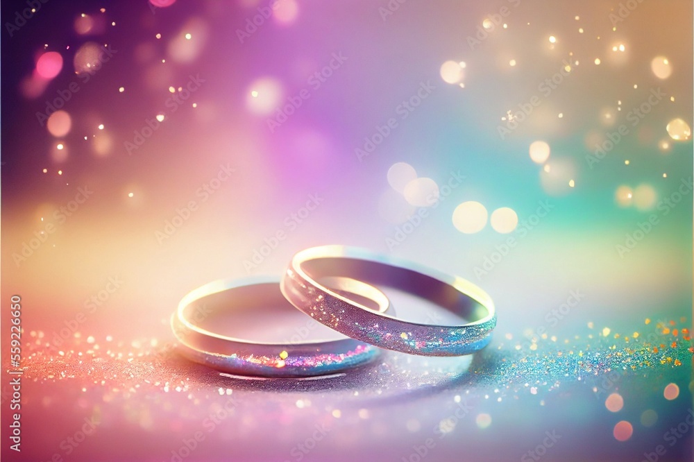 two shiny engagement rings on an abstract rainbow lights background of ...