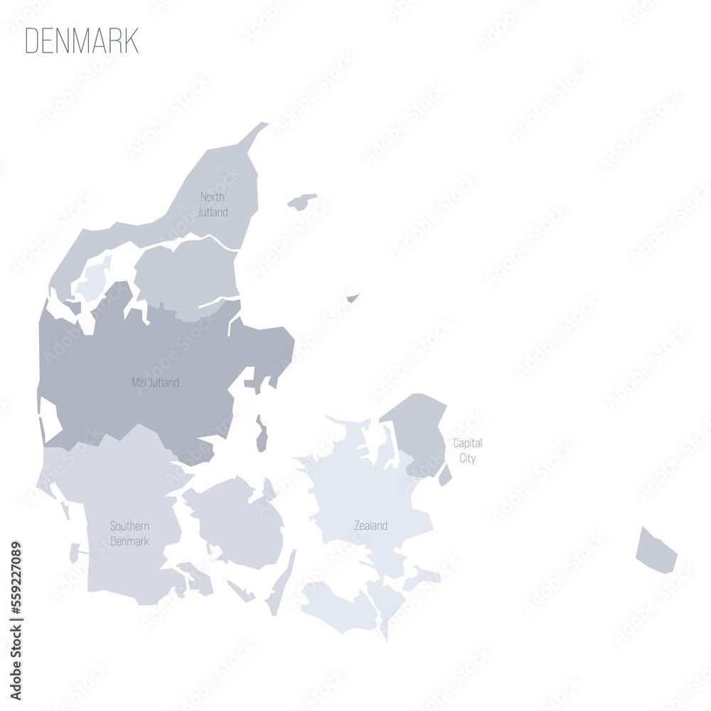 Denmark political map of administrative divisions - regions. Grey ...