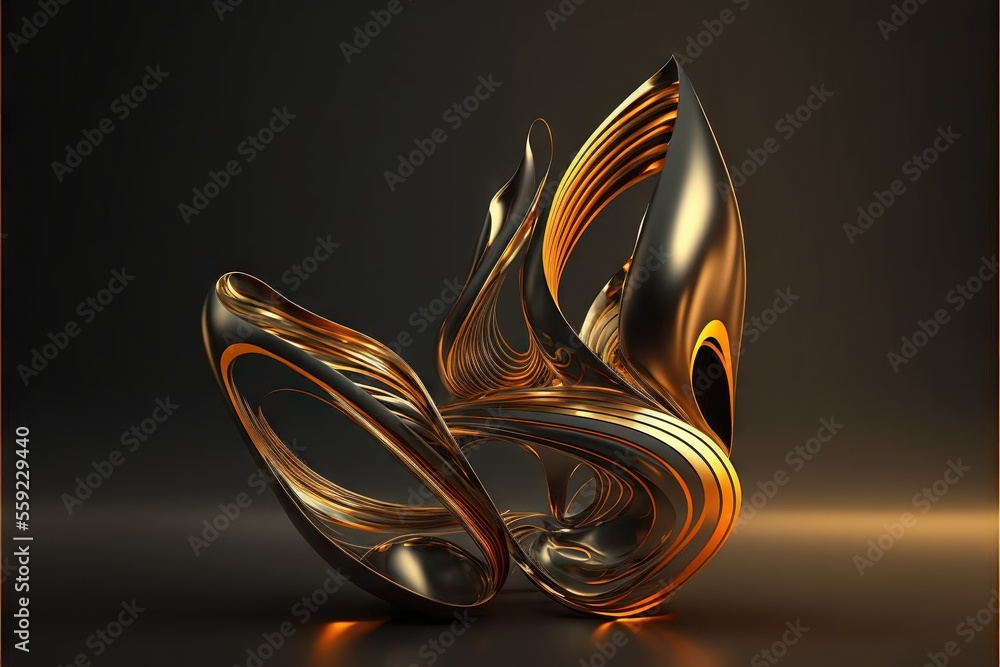 a gold and black abstract object on a black background with a gold ...