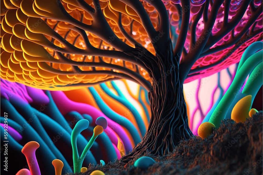 a tree with many colors in the background and a sky background with ...