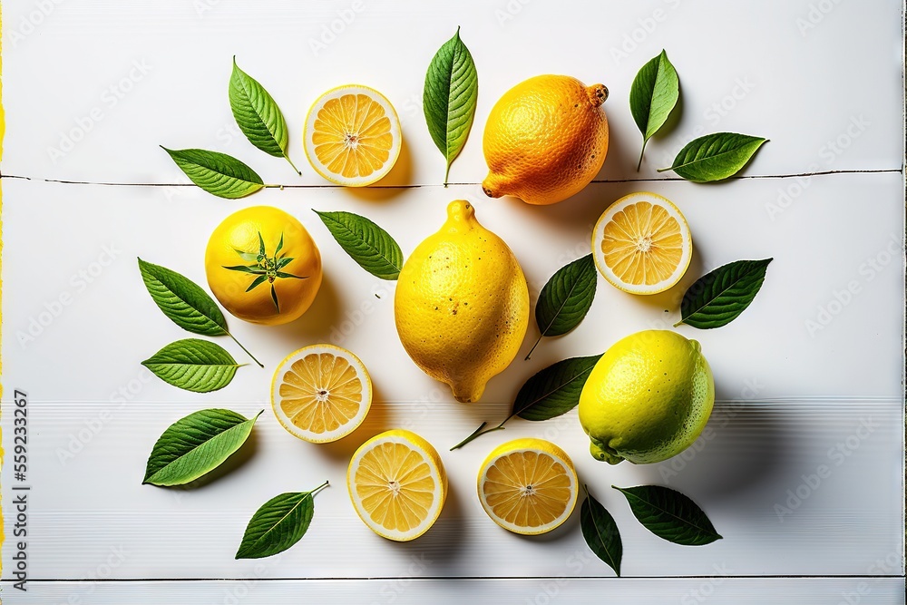 a group of lemons and limes with leaves on a white surface with a ...