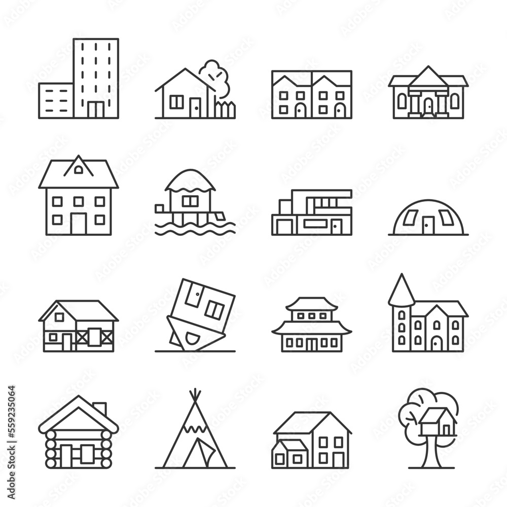Houses of various shapes icons set. Building with for living, linear ...