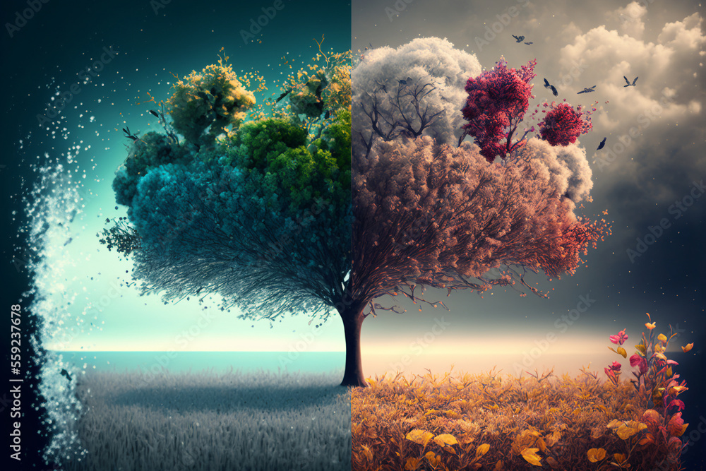 A magnificent colorful illustrated tree that shows the four seasons of ...