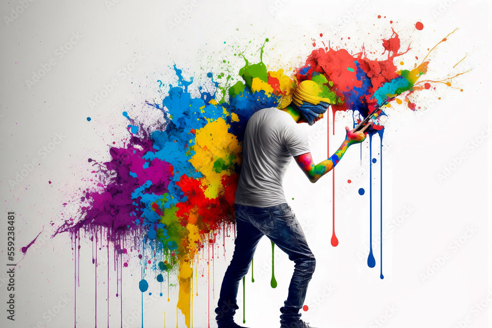 Lustiger Maler streicht eine weiße Wand bunt mit color splash Stock ...