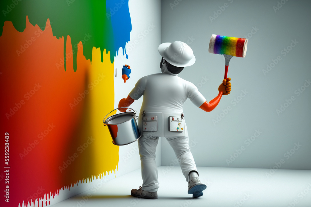 Cartoon Maler streicht eine weiße Wand bunt mit color splash Stock ...